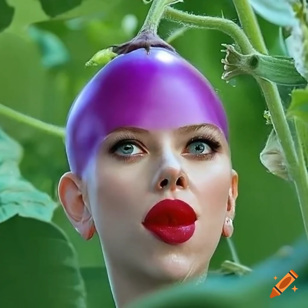 Eggplant-balloon with human face hanging on vine in a garden on Craiyon