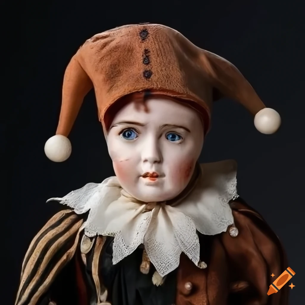 Antique porcelain doll head resembling a traditional jester in somber ...