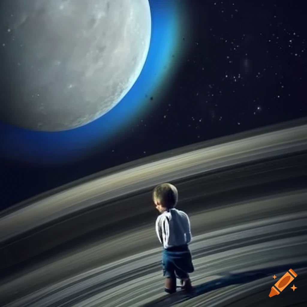 Boy and footprints on saturn's moon on Craiyon