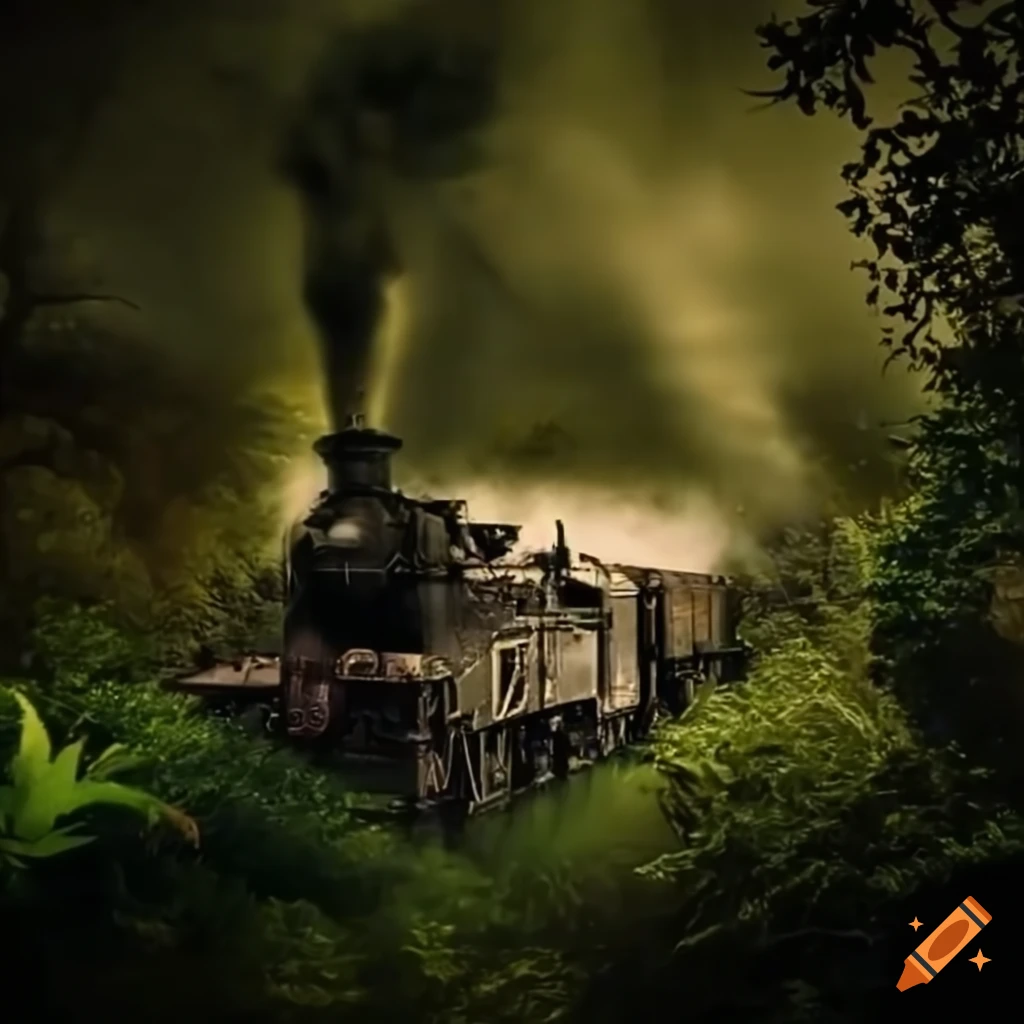 Steam punk train covered in plants in a surreal scene on Craiyon