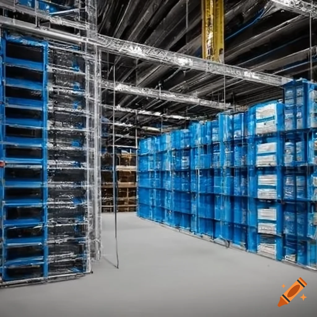 Stacked plastic reusable boxes in a logistics warehouse on Craiyon