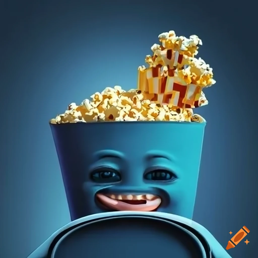 Animated chips and popcorn watching movies in a cinema on Craiyon