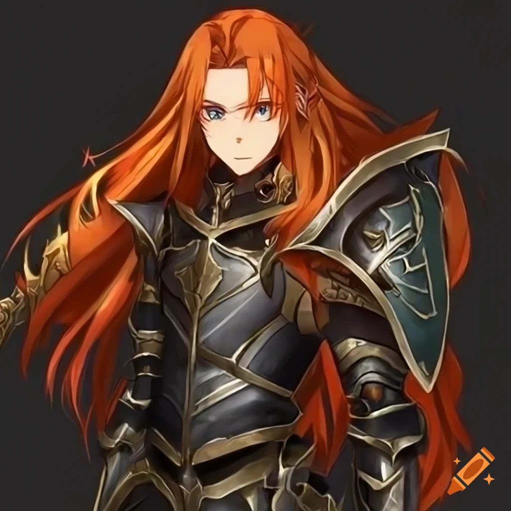Anime guy elf knight with long orange hair and green eyes on Craiyon