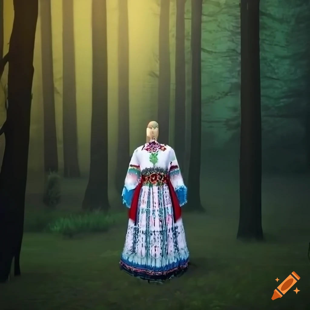 Mystical slavic christian woman in traditional attire in a vibrant ...