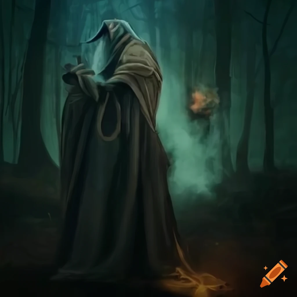 Wizard surrounded by potions and smoke in a mystical forest on Craiyon