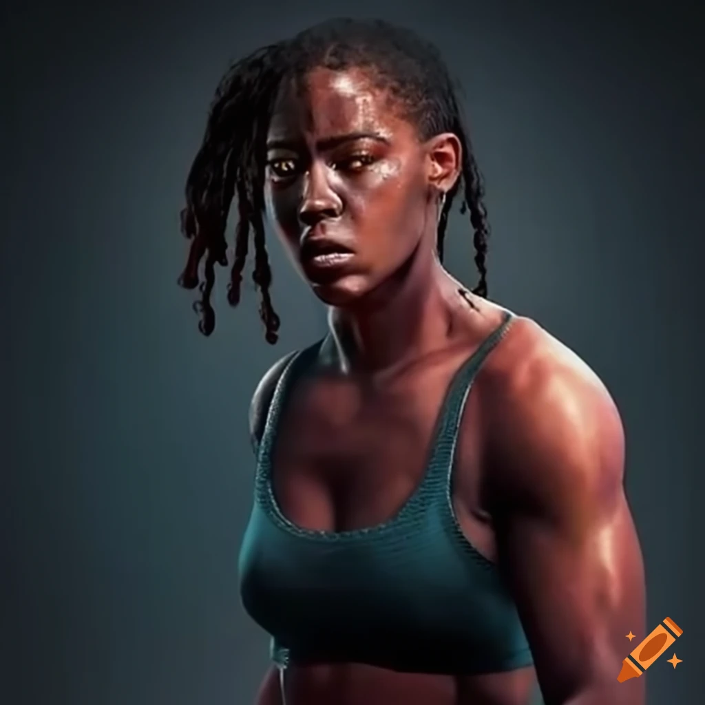 Female martial artist with bruised face and stunned expression on Craiyon