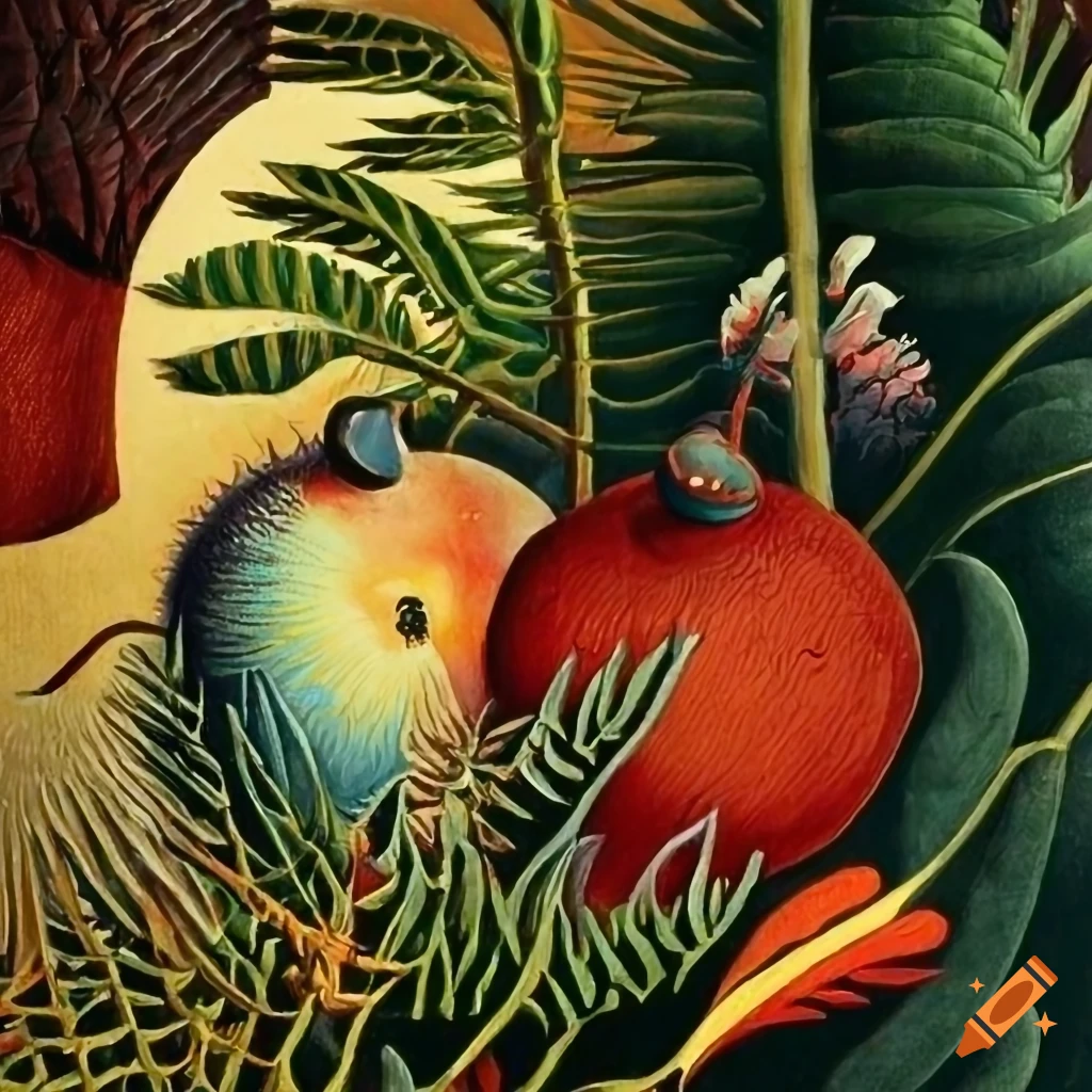 Colorful illustration of exotic plants, flowers, fruit, birds, and ...