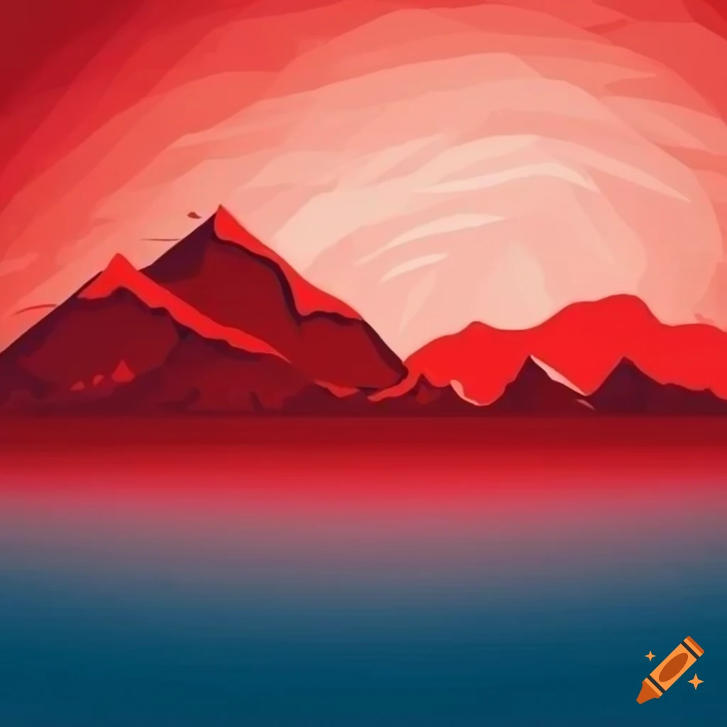Bright red line illustration of a mountain landscape on Craiyon