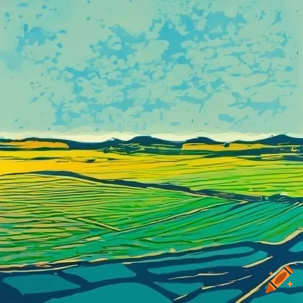 Agricultural fields and blue sky top view in linocut style on Craiyon