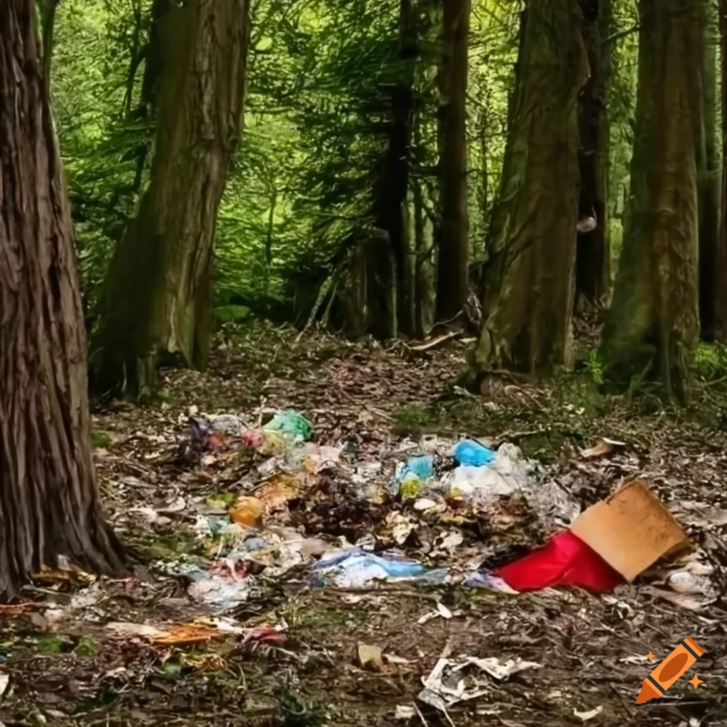 Forest animals among garbage heap in the forest with a small village in ...