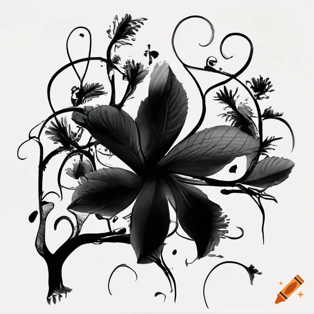 Monochromatic 2d black vines and flowers on a white background on Craiyon