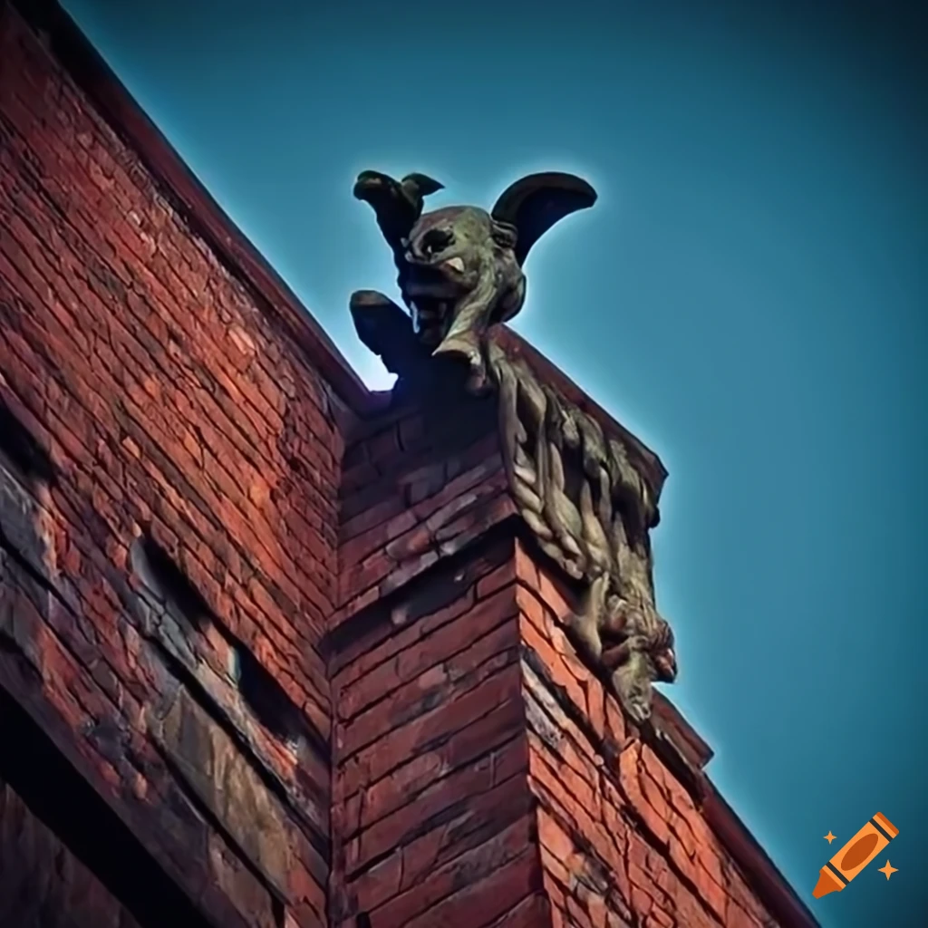 Gargoyle on ledge of brick building on a dark night on Craiyon