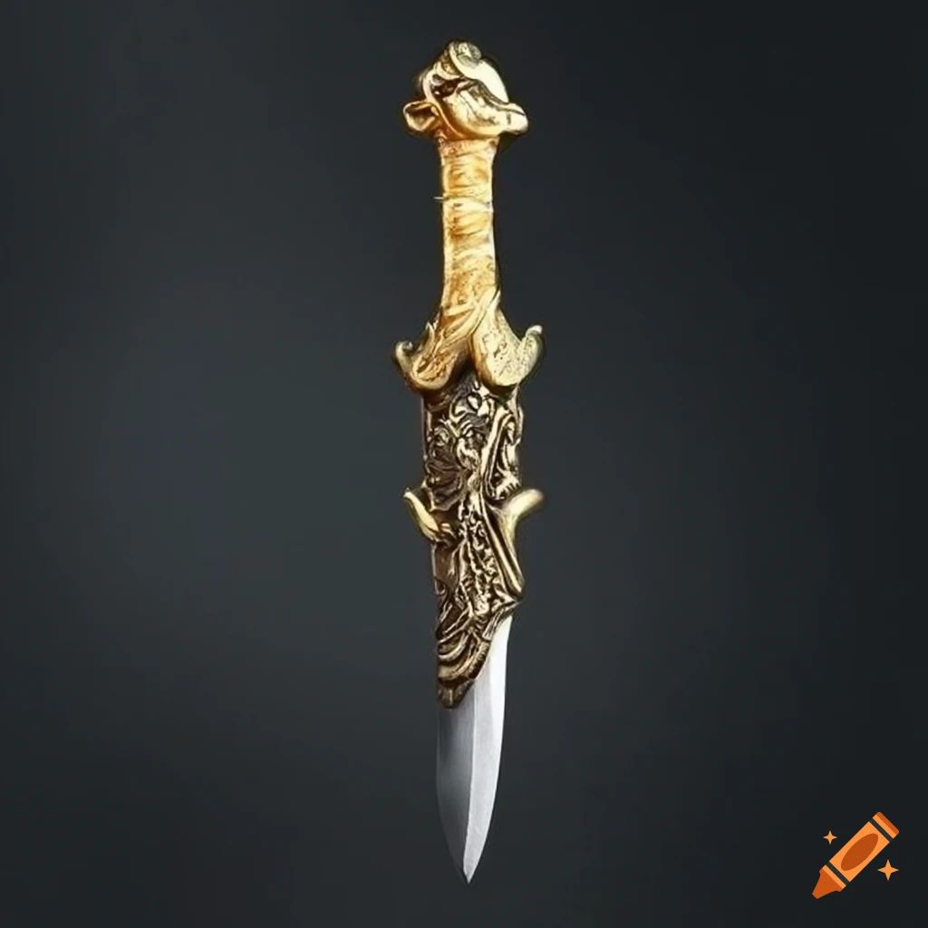 Ornate gold dagger scabbard with battle engravings on Craiyon