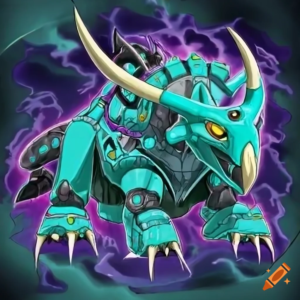 Turquoise kosmoceratops robot with purple eyes and yellow horns in a ...