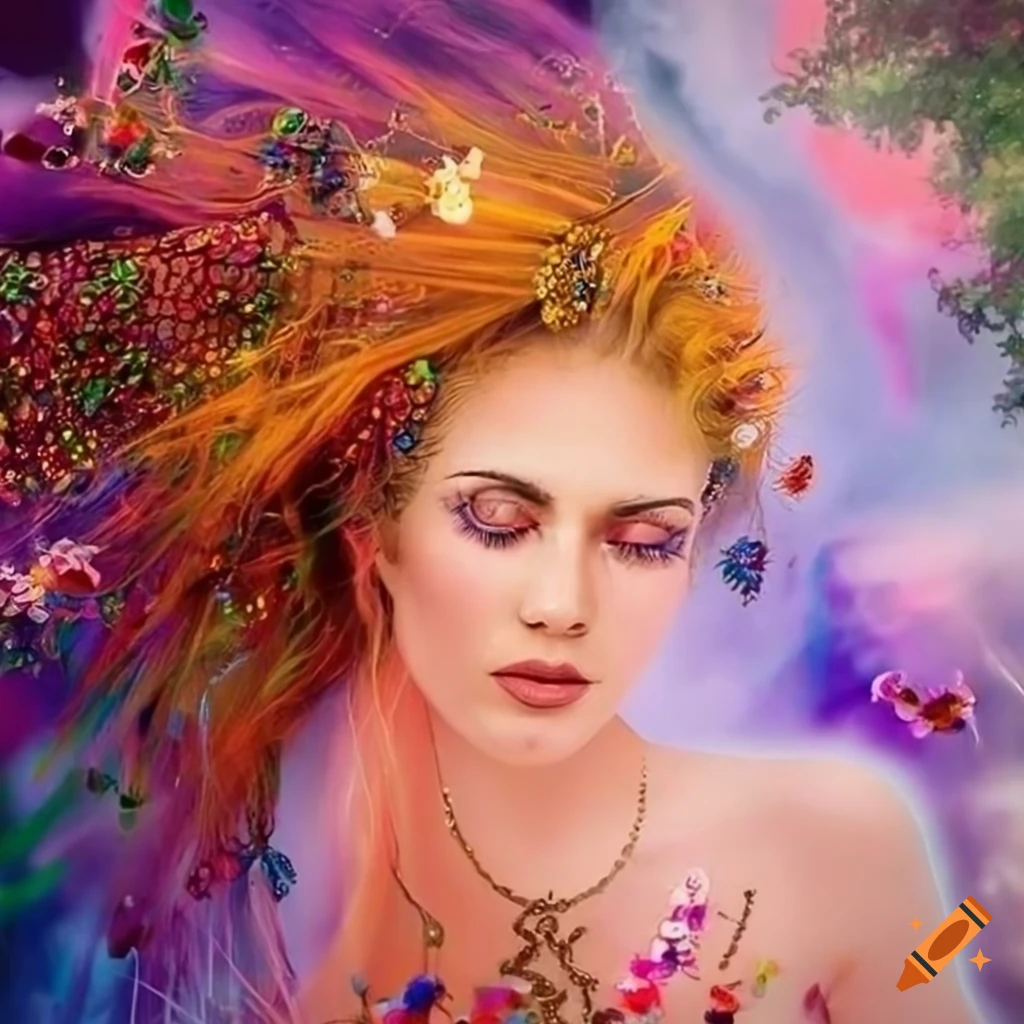 Enchanting woman with vibrant locks adorned in wildflowers and ...