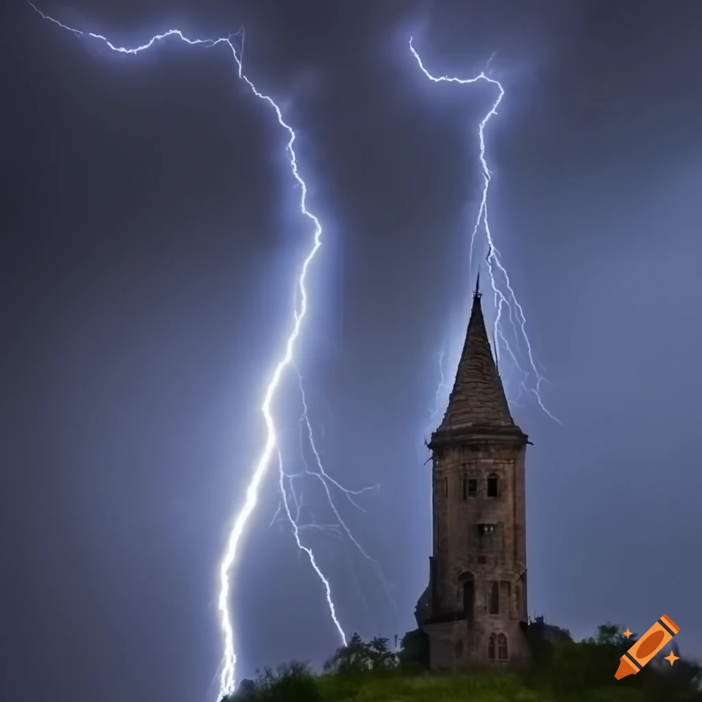 Wizard's tower in a stormy setting with lightning and rain on Craiyon