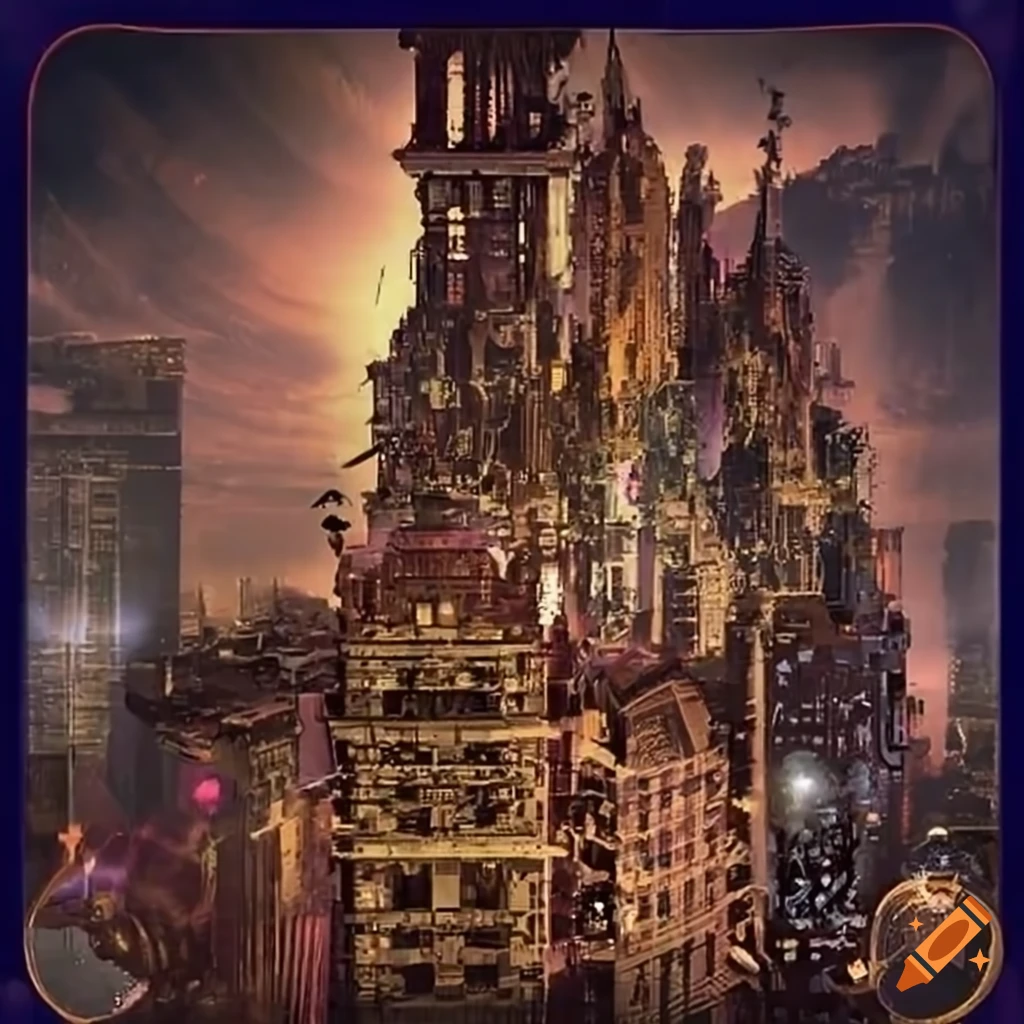 Vibrant steampunk city with towering clockwork skyscrapers on Craiyon