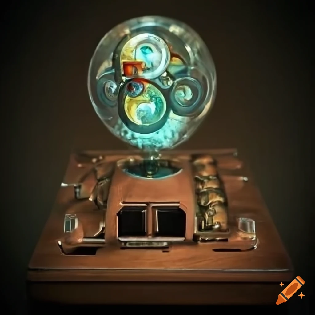 Surrealist puzzle machine system with glass, copper, plastic, enigma ...