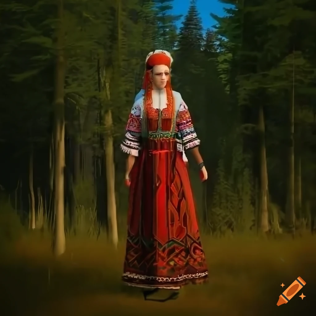 Mystical Slavic Christian woman in traditional attire in a vibrant ...