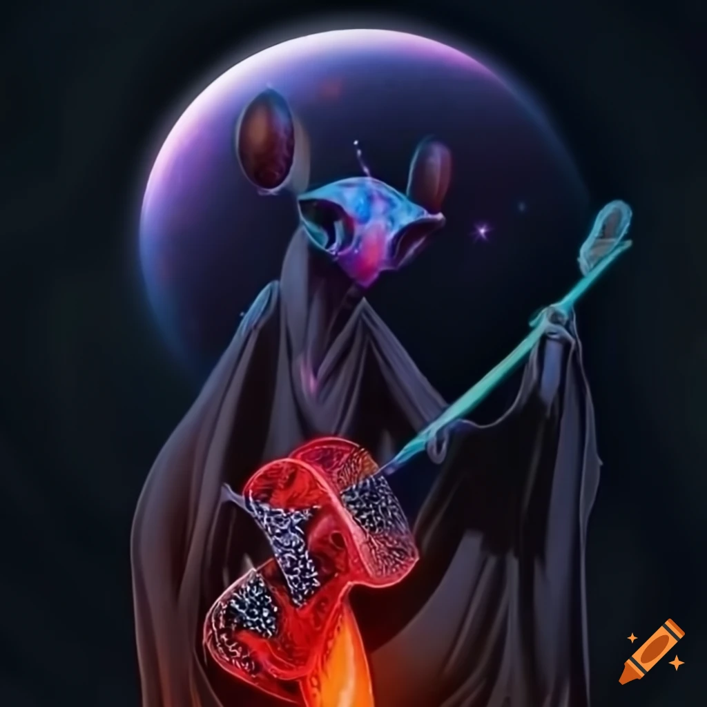 Green preying mantis alien in a black robe playing a Celtic knotwork ...