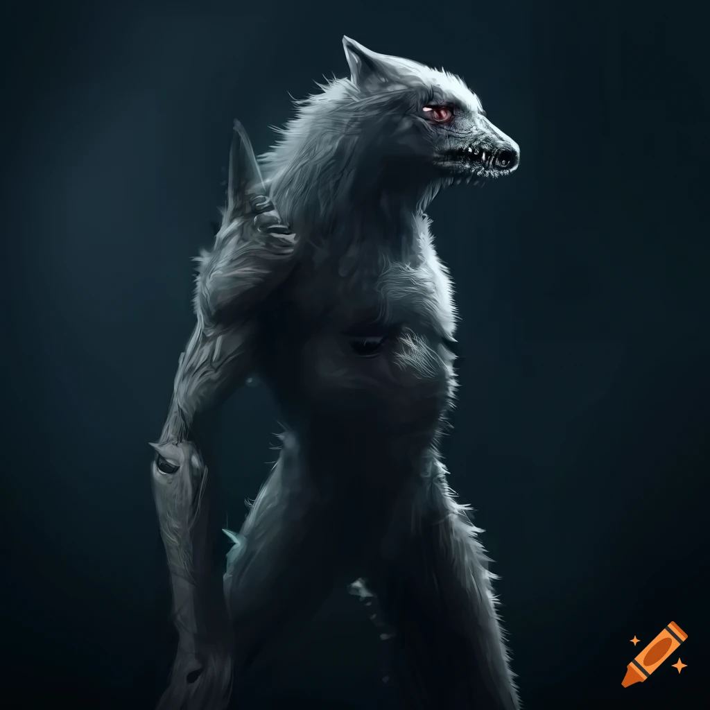 Dark fantasy humanoid alien wolf on a dark background, character ...