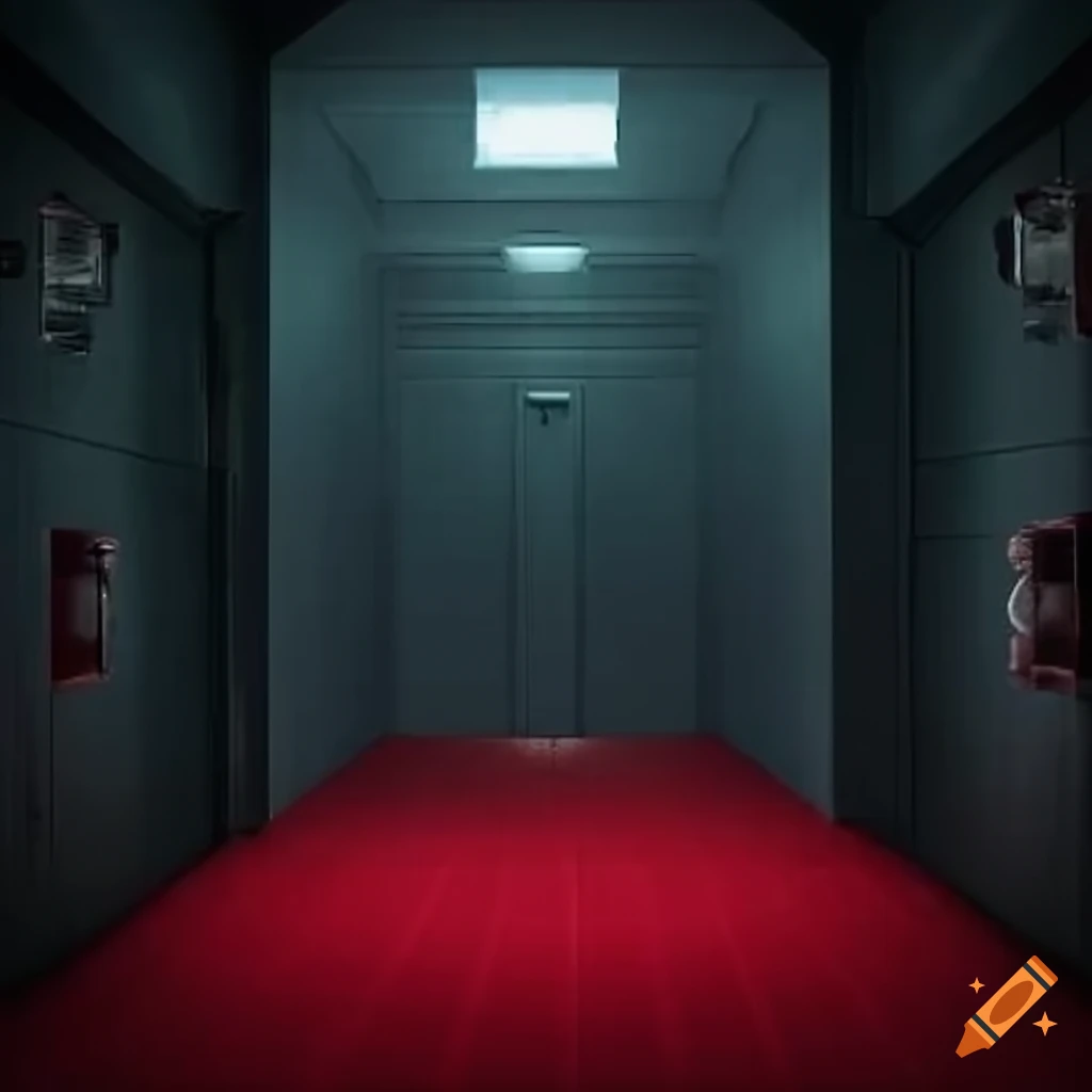 Creepy room with red couch, grey metal locker, and dim lighting on Craiyon