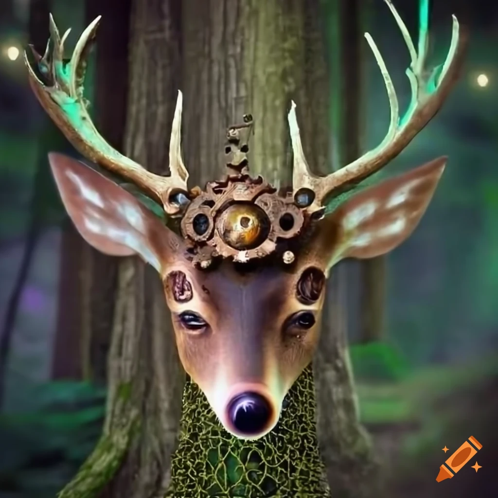 Hyper-real steampunk deer in an opulent forest on Craiyon
