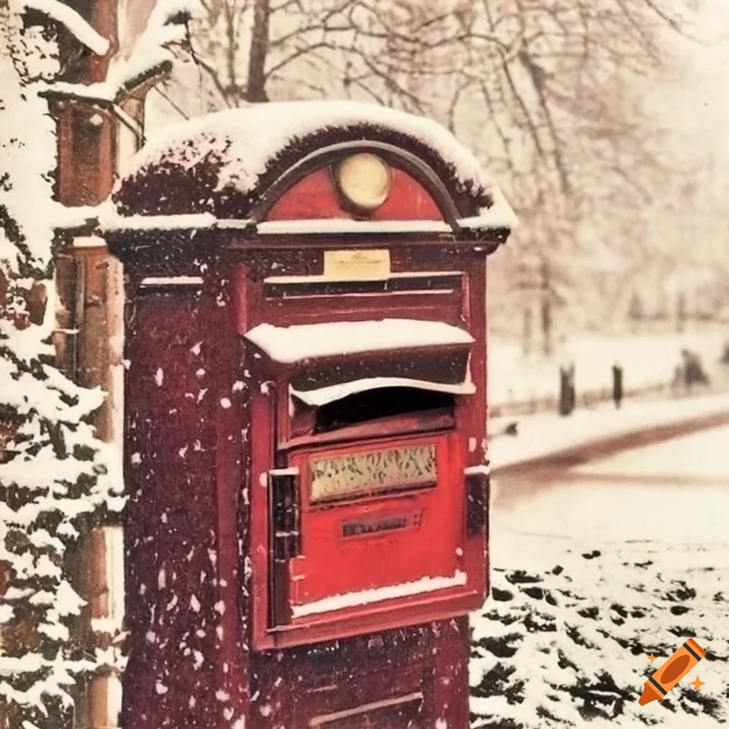 Nostalgic victorian london mailbox on a snowy street on Craiyon