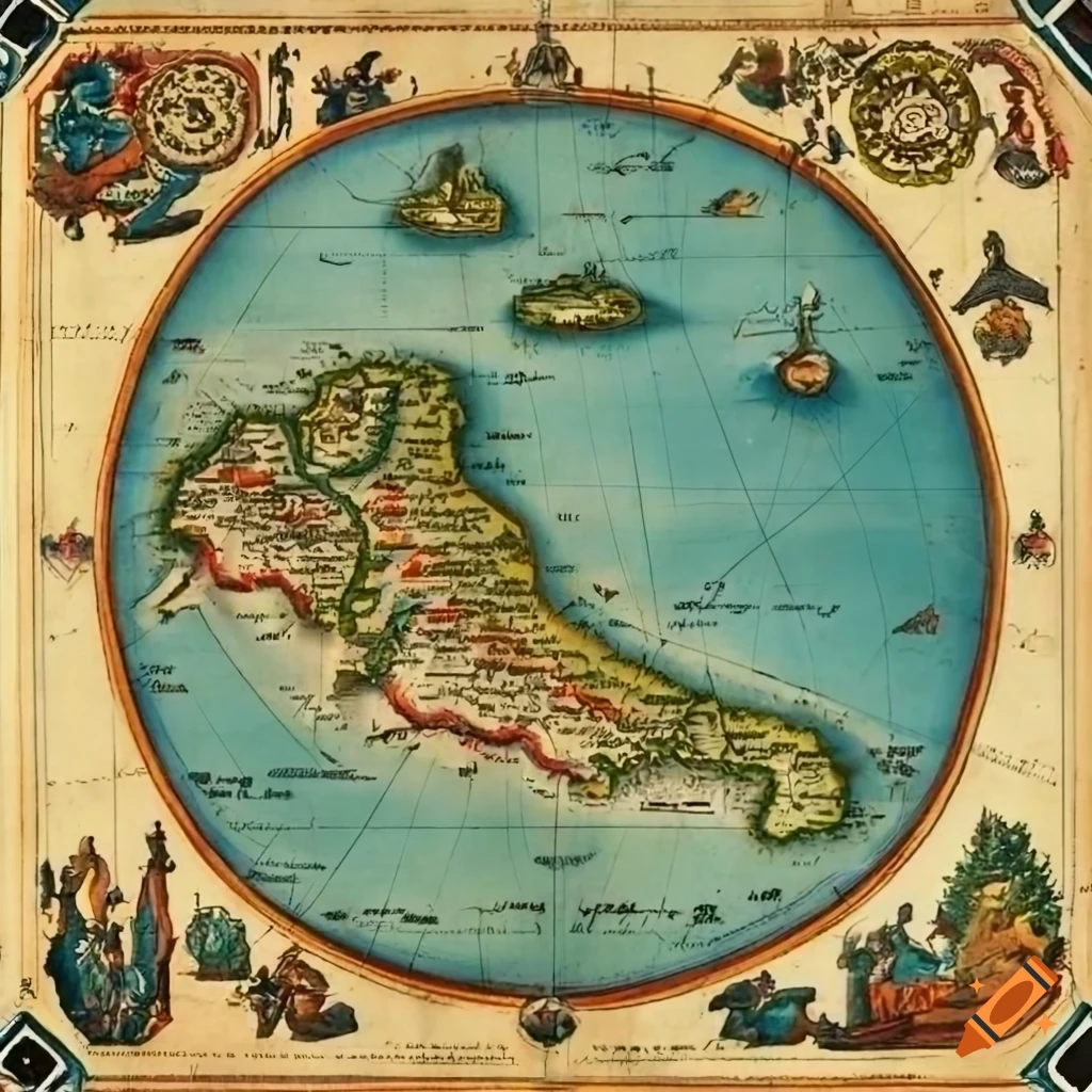 Old style medieval map with 'the mainland', 'paradise', and a small ...