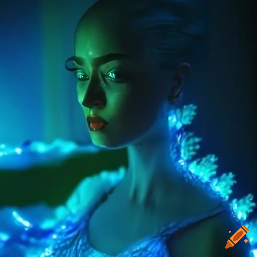 Close-up of a biopunk mermaid showcasing bioluminescent scales, gills ...