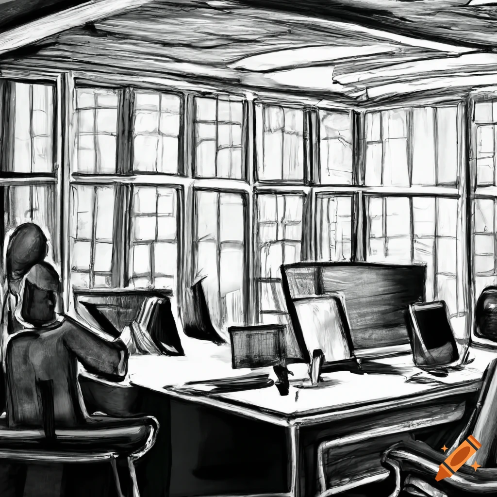 Black and white pencil drawing of a busy office space with employees on ...