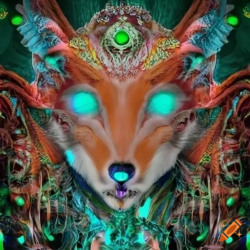 Biopunk cyborg red fox goddess in a captivating forest setting on Craiyon