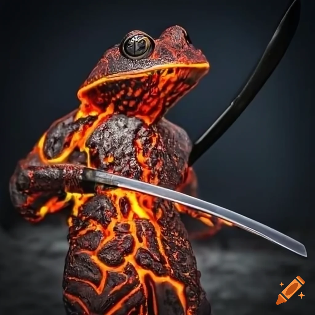 Frog with black scalies covered in plate armor made of lava holding a ...