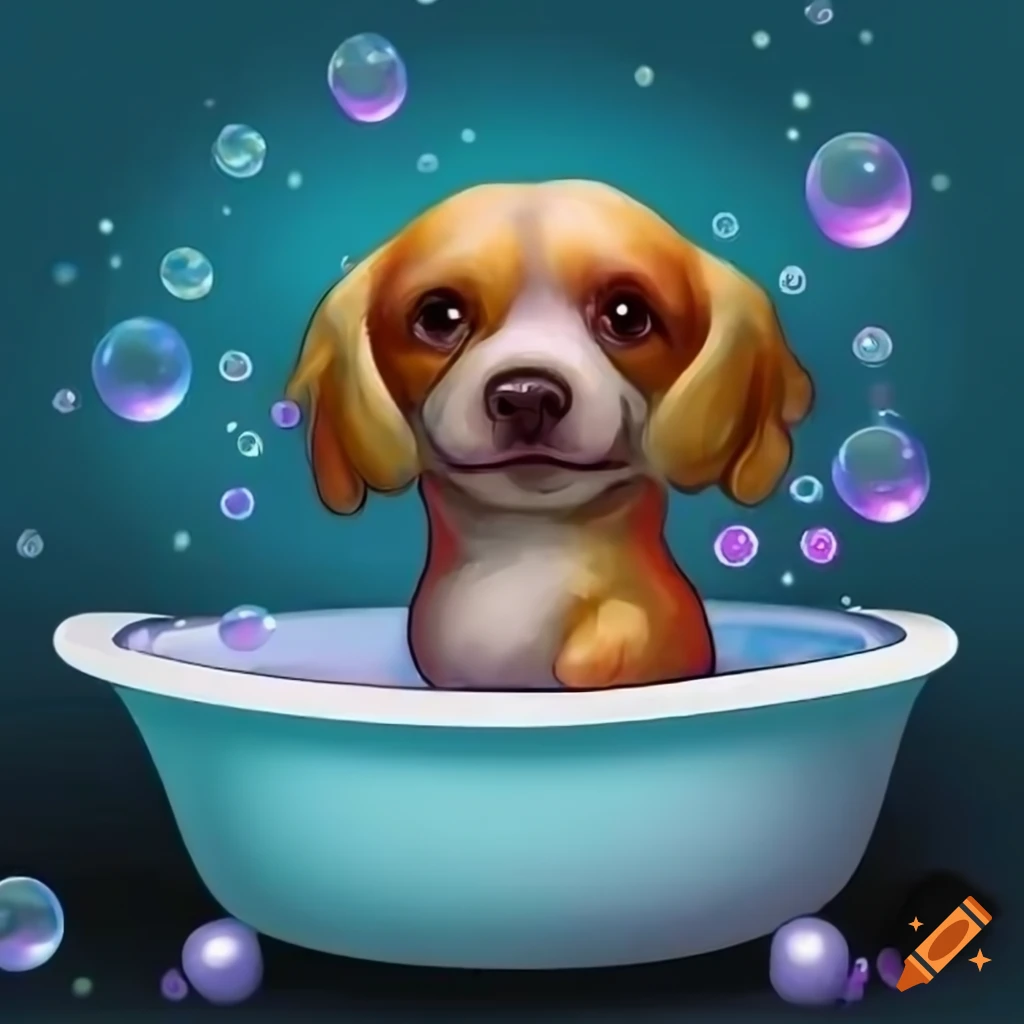 Cute dog sitting in bathtub with bubbles in digital art on Craiyon