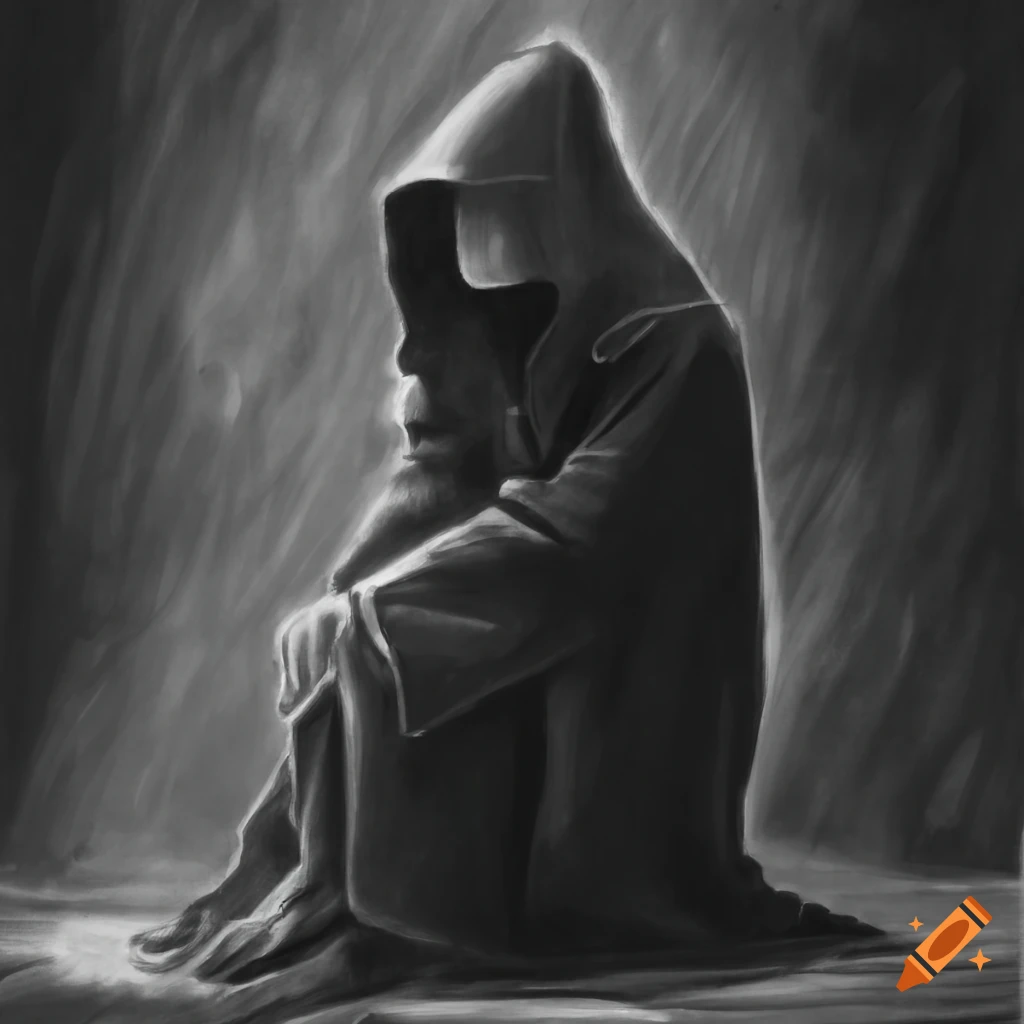 Graphite drawing of a hooded faceless priest kneeling with a beard on ...