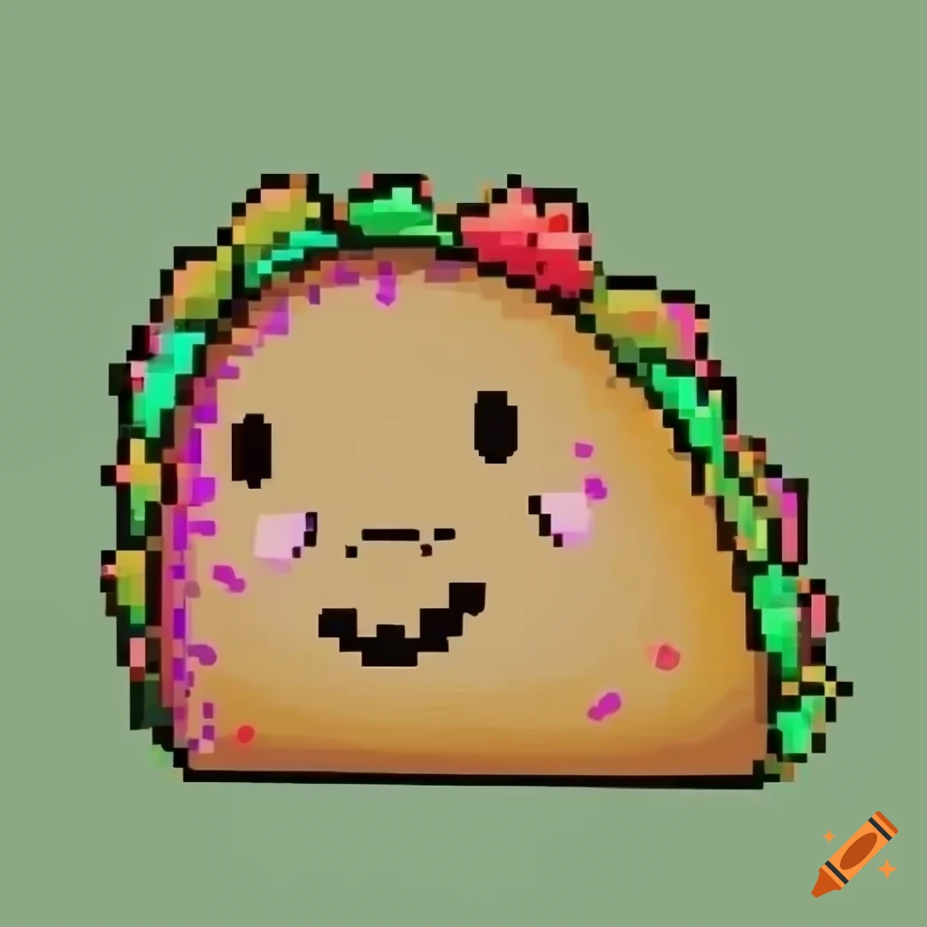 Hand-drawn pixel art of a cute smiling taco stick figure on Craiyon