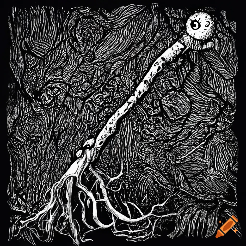 Detailed knotty root magician staff in black and white with an eerie ...