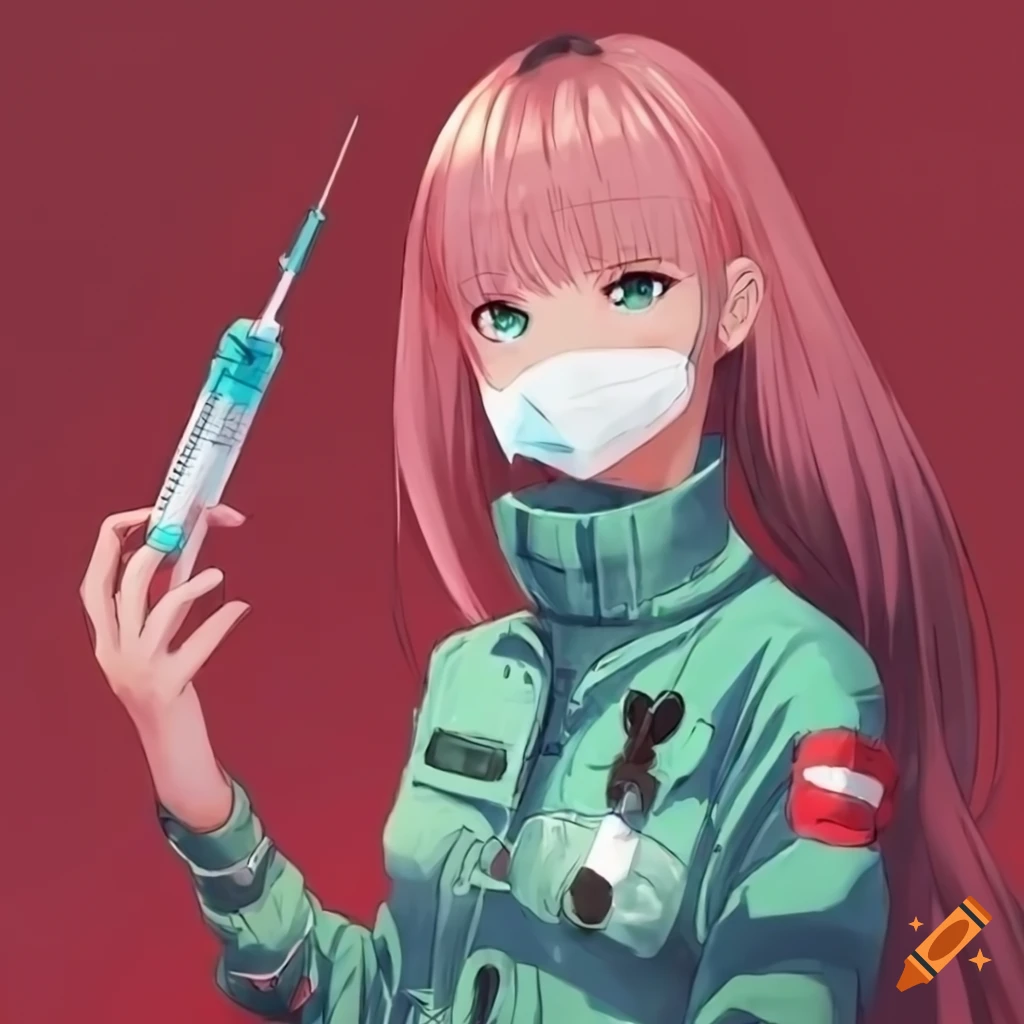 Anime girl in paramedic outfit wearing face mask holding a syringe in ...