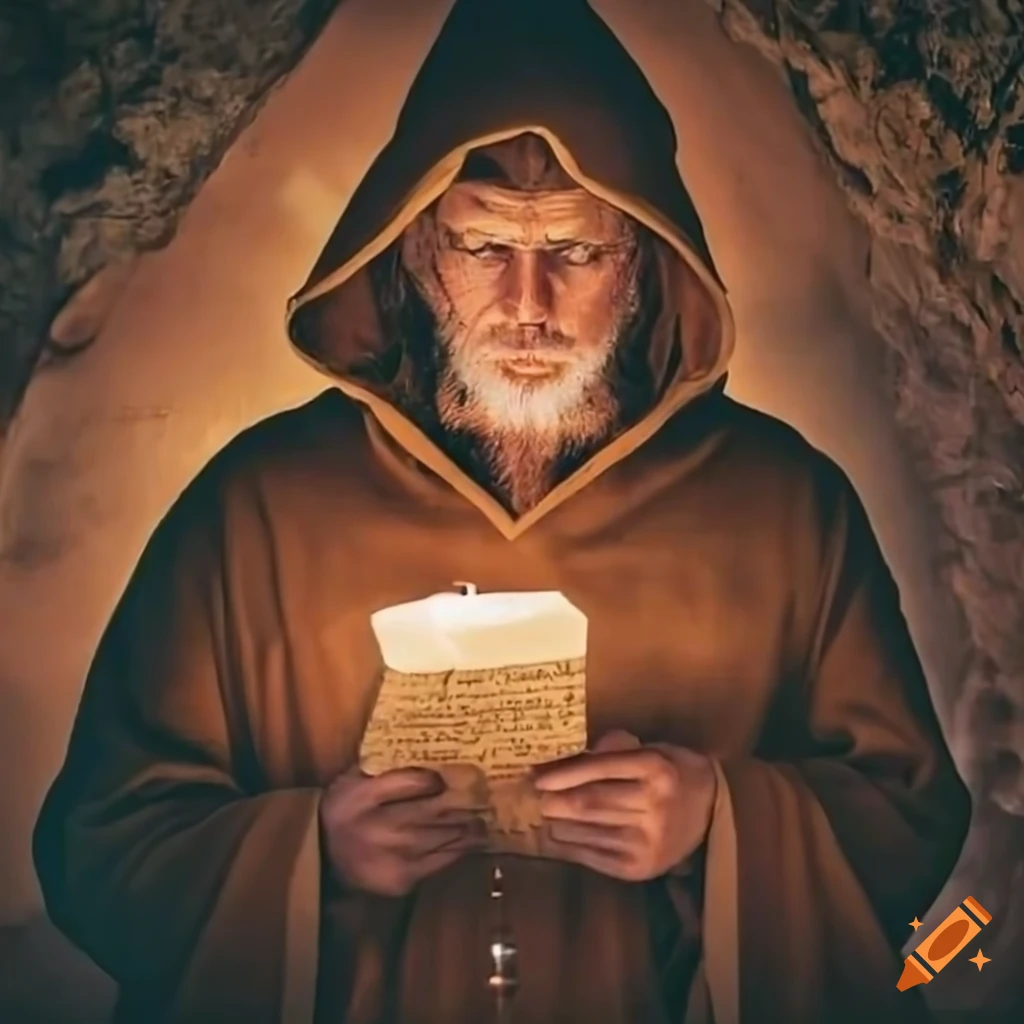 Bearded man reading ancient Latin manuscript by candlelight in a cave ...