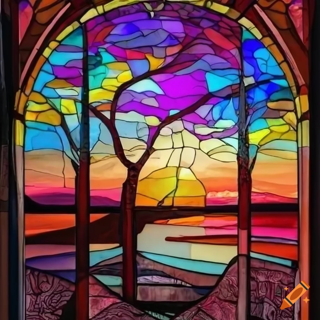 Breathtaking sunset landscape with intricate and colorful stained-glass ...