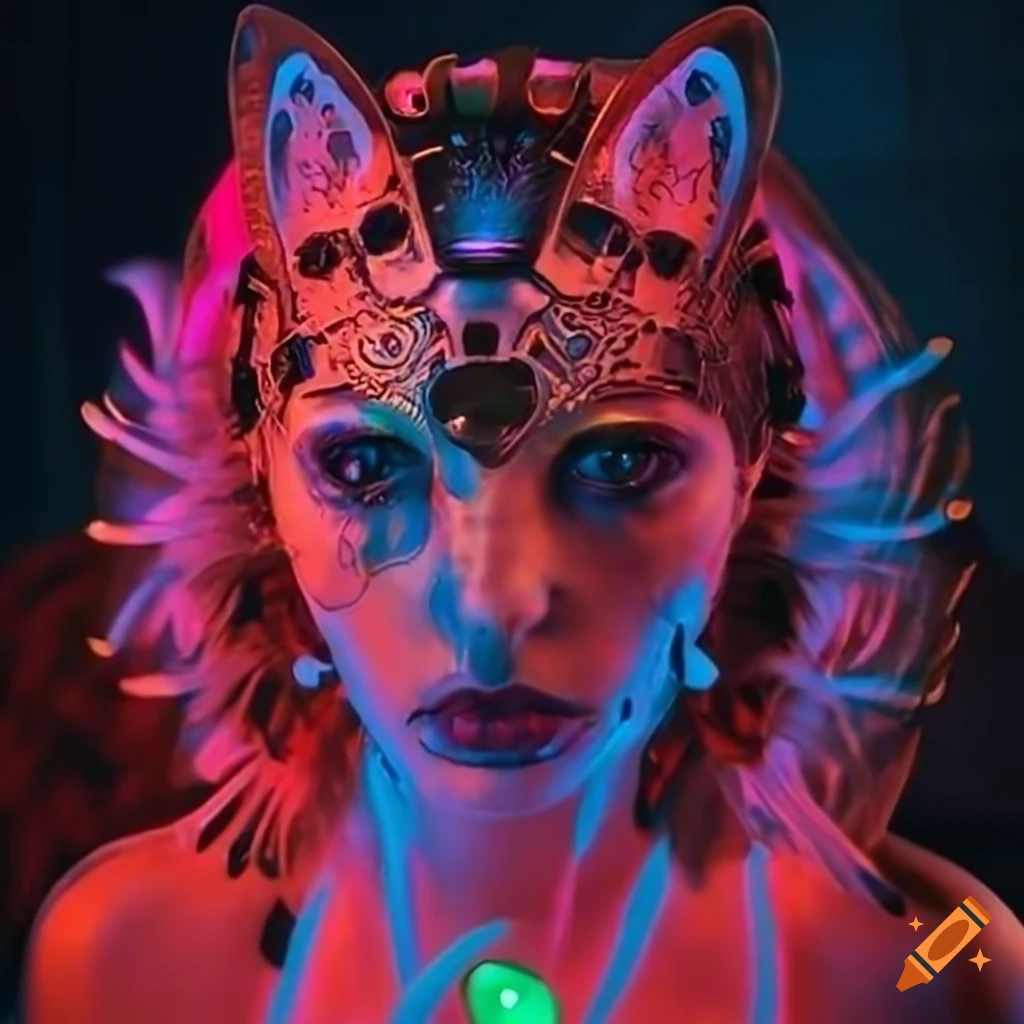Biopunk cyborg fox goddesses in neon-lit laboratory with biopunk cyborg ...