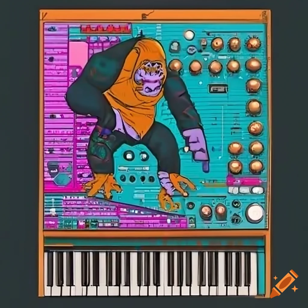 Gorilla playing a vintage modular synth and electric organ on Craiyon