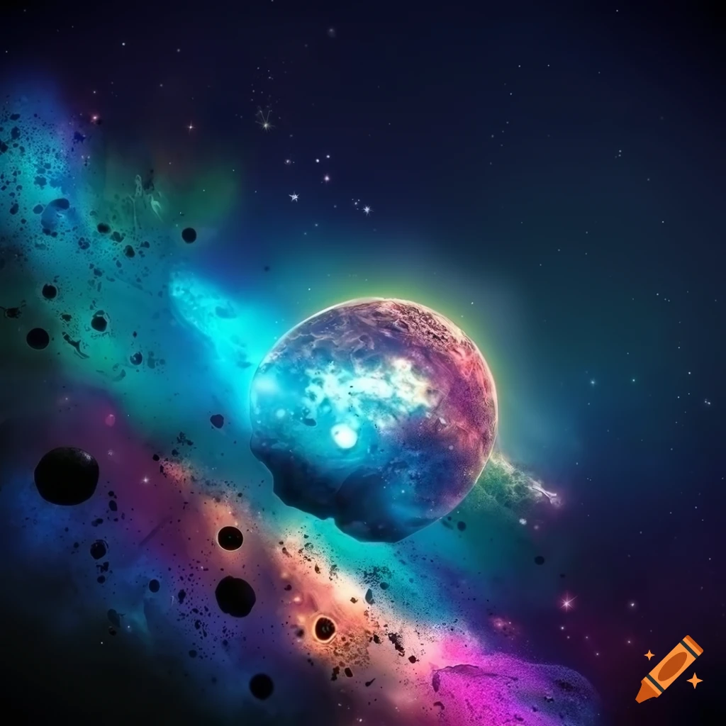 Colorful asteroid field with detailed planets in the background on Craiyon