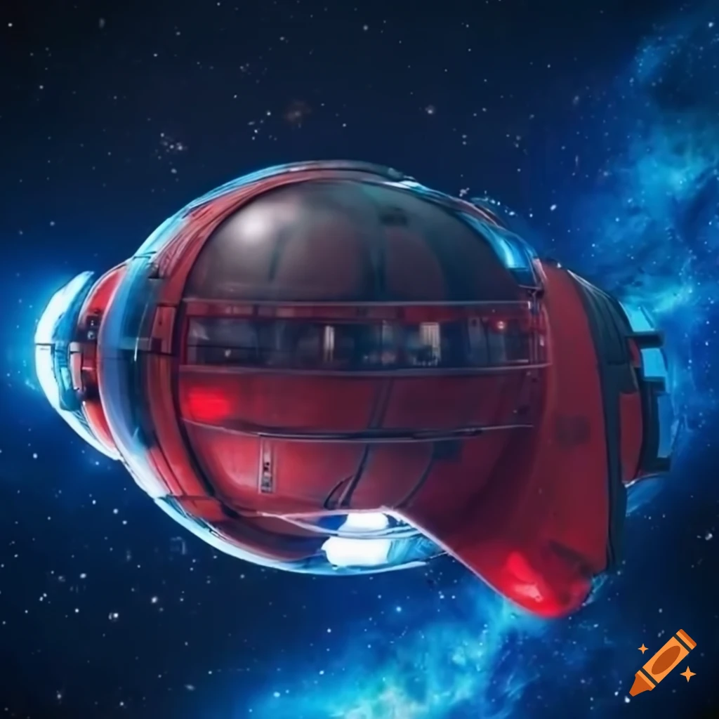Highly detailed image of giant blue and red spaceship in deep space on Craiyon