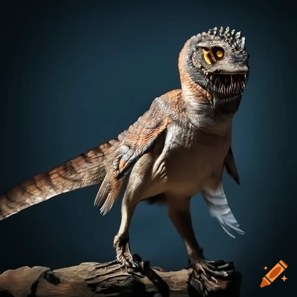 Velociraptor with owl feathers in full body view on Craiyon