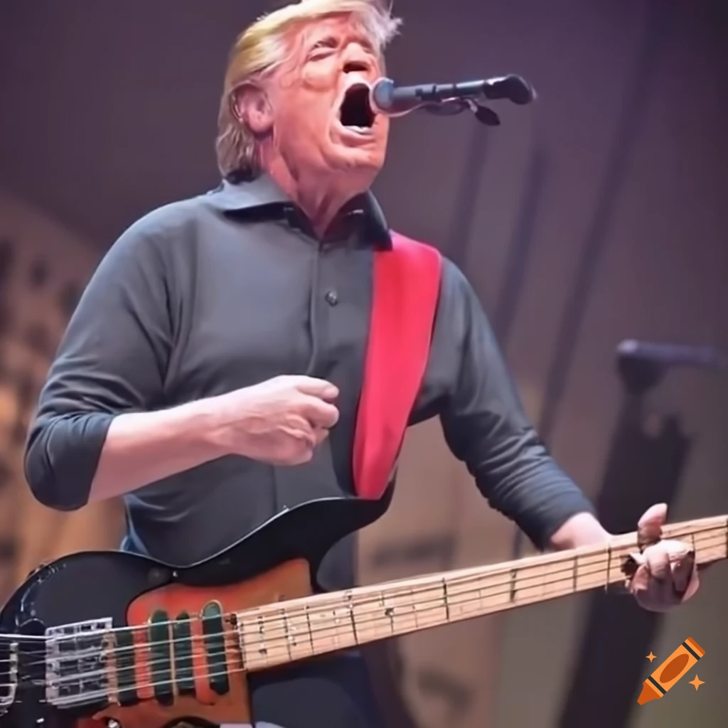 Politician and singer Donald Trump playing electric bass guitar on ...