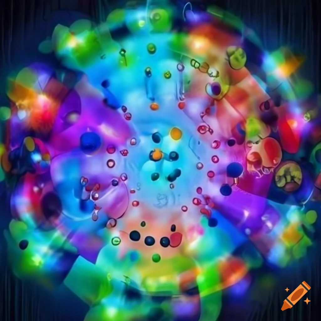 Collage of colorful atoms, molecules, and chemical symbols with diverse ...