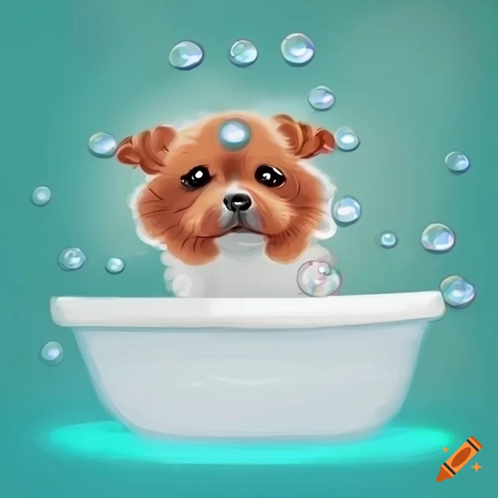 Cute dog sitting in bathtub with bubbles in digital art on Craiyon