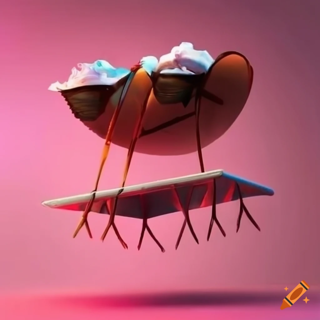 Whimsical illustration of flying tables with ice cream hair and toilet ...
