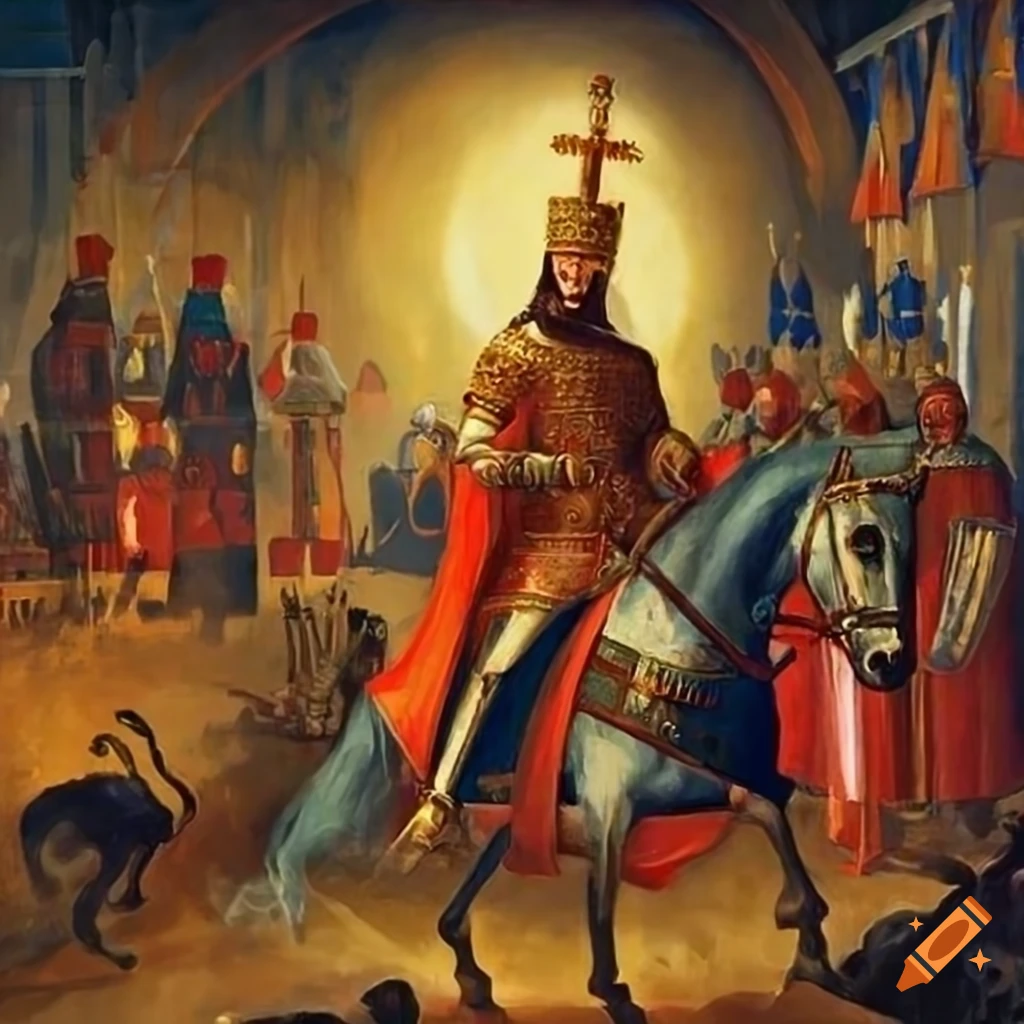 Historical painting of king of rus entering a conquered city on a horse ...
